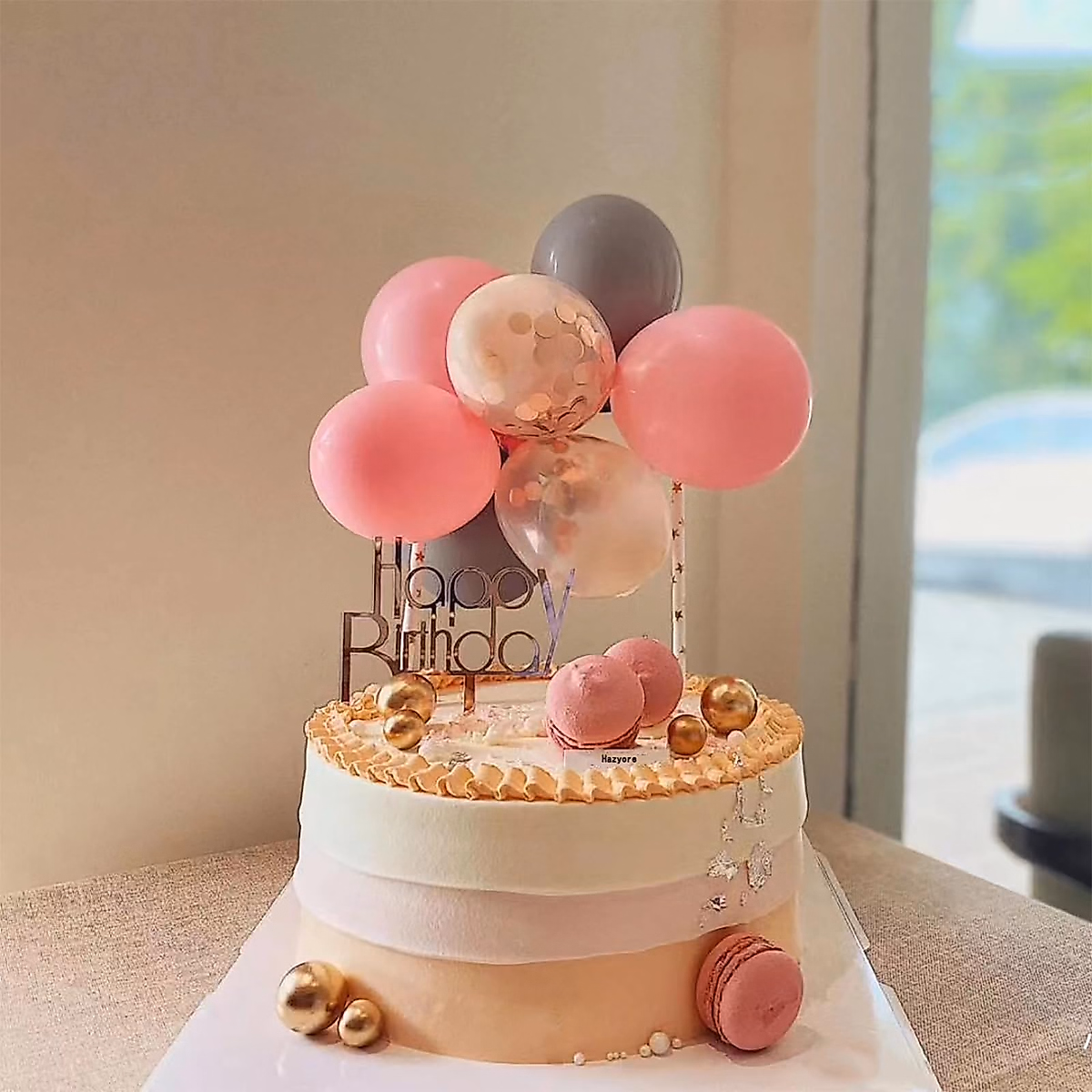 Balloons Cake Toppers, 14PCS Party Balloons and Happy Birthday Cards/Confetti Balloon Birthday Cake Supplies Decorations Set(Pink)