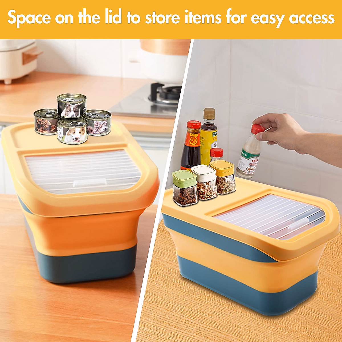 Collapsible 13LB Dog Food Storage Container with Transparent Sliding Lid, Pet Airtight Folding Rice Plastic Bin with Measuring Cup and Scoop Suitable for Storing Oat Millet Macaroni Corn.Yellow