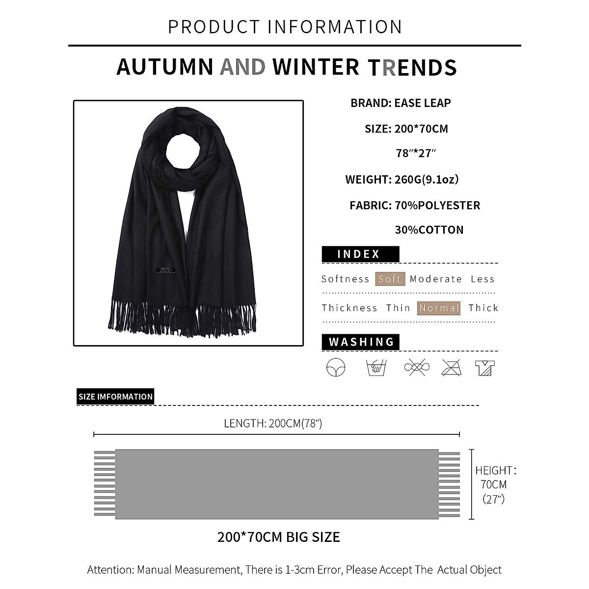 EASE LEAP Pashmina Scarfs for Women Silky Shawls and Wraps for Evening Dresses Soft Large Scarves Wedding Warm Stylish Solid Color, Black