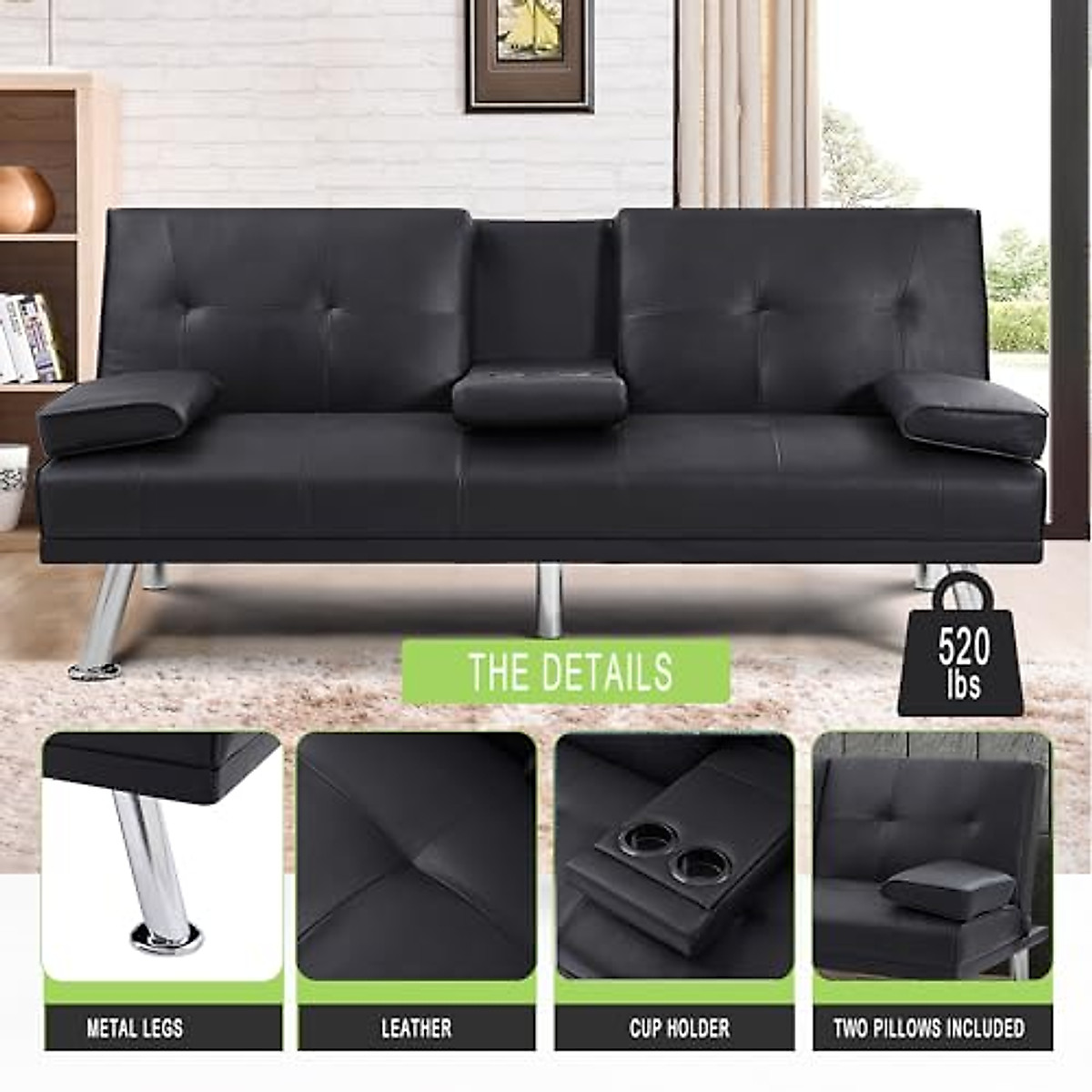 PAPAHUG Convertible Versatile Sleeper Folding Futon Bed,Adjustable Faux Leather Sofa Couch for Living Room,Metal Legs, 2 Cup Holders