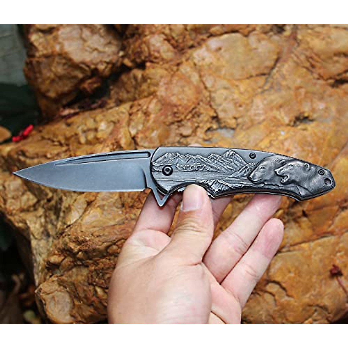 Polar Bear Handle, Survival Pocket Knife, Stonwash