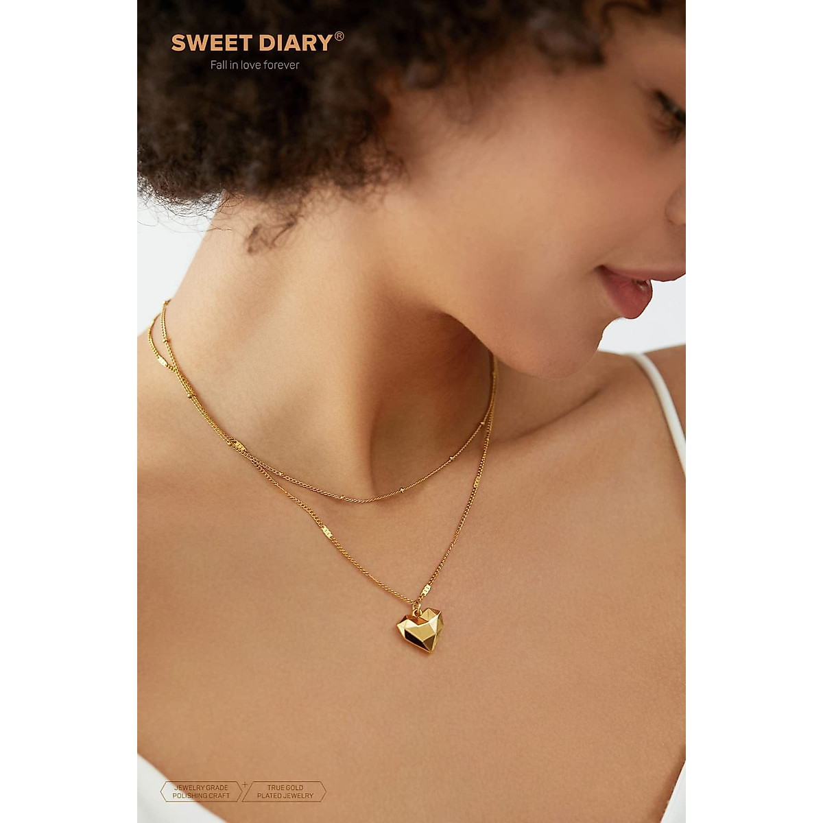 SWEET DIARY Heart Pendant Necklace,Heart Necklaces for Women,18K Gold Plated Layered Necklace, Handmade Diamond Heart Pendant Necklace Chain Gold Necklaces Gift for Women Necklace Jewelry (Gold)