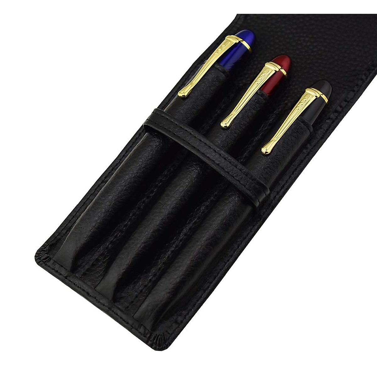 Lanxivi Leather fountain pen case for 3 Pens Pouch Separate Slot Organizer Carrying Case Black Color