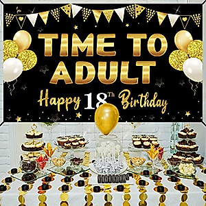 Large 18th Birthday Banner Decorations for Boys Girls, Black Gold Time to Adult Happy 18th Bday Backdrop Sign Party Supplies, Eighteen Birthday Poster Photo Booth Props Background Decor
