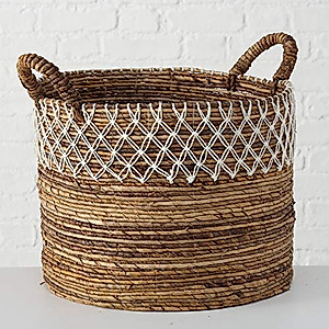 Boho Romantic Lace Baskets, Set of 3, Cotton Macrame Details, Relaxed Coastal Style, Woven Chunky Banana Leaf, Thick Handles,17.75, 15, and 11.75 D Inches