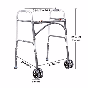 McKesson Folding Walker with 5 in Wheels, Bariatric, Steel, Height Adjustable 32 in to 39 in, Weight Capacity 500 lbs, 1 Count
