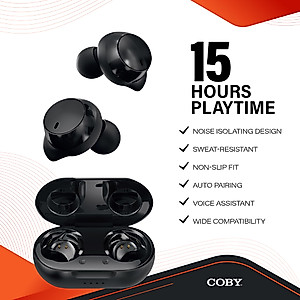 Coby Pro Fitness True Wireless Earbuds w/Charging Case | Sweat Resistant, Noise-Isolation, Auto-Pair, HD Audio, 15-HR Play Bluetooth Fitness Buds | Siri, Google Compatible, Hands-Free Calls (Black)