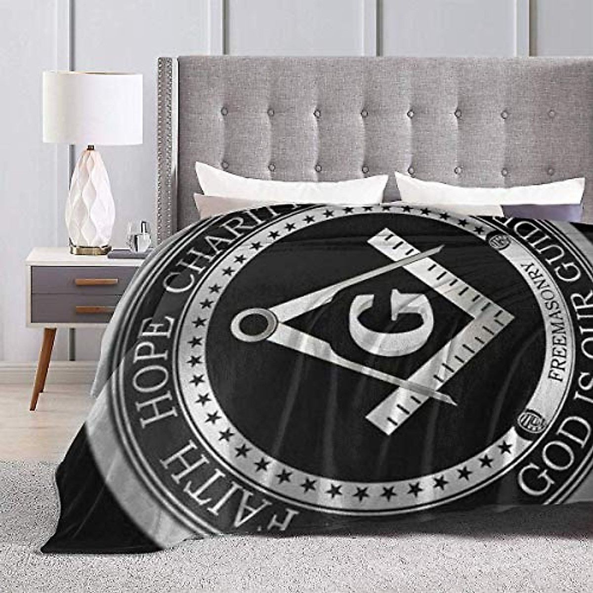 YongColer Soft Sherpa Flannel Fleece Throw Blanket Cloak for Bed Couch Sofa Chair Dorm, King Size Wearable Blanket (Masonic Faith Hope and Charity Freemason Logo Black, 50x60 Inch)