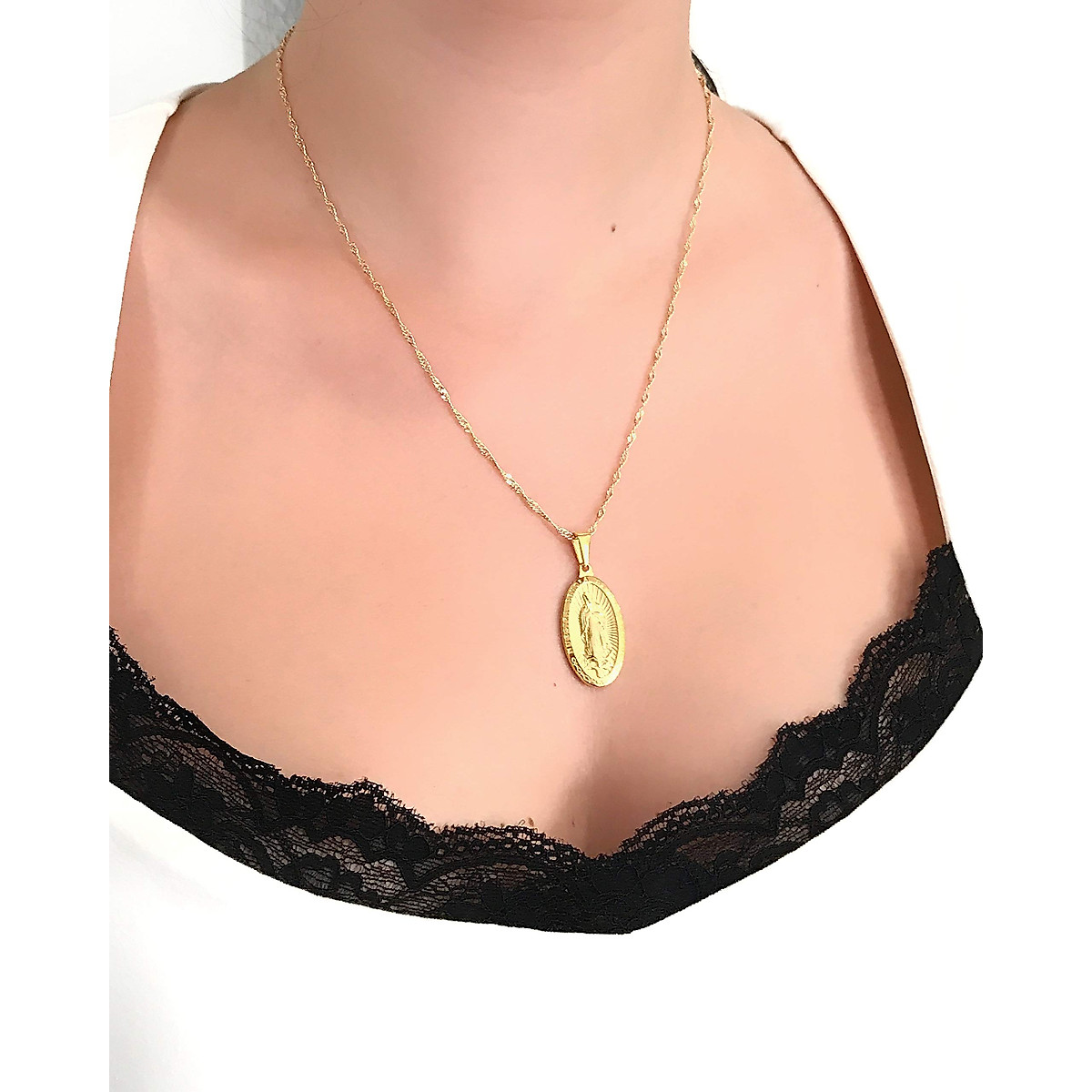 LESLIE BOULES 18K Gold Plated Guadalupe Medal Necklace 18 Inches Length Virgin Mary Jewelry