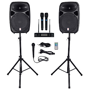 Rockville RPG152K 15" Powered Speakers w/Bluetooth+Dual UHF Wireless Mics+Stands