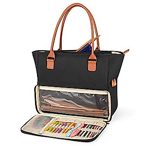 YARWO Knitting Tote Bag with Pockets for WIP Projects, Yarn Storage Organizer Bag for 14” Knitting Needles, Skeins of Yarn and Crochet Hooks, Black