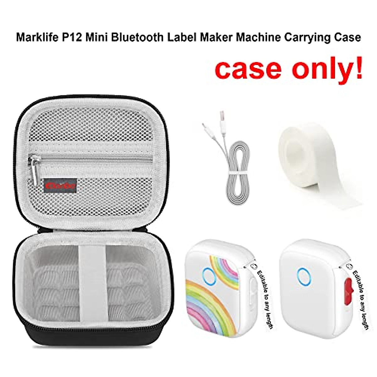 Elonbo Carrying Case for Marklife P12 Mini Bluetooth Label Maker Machine, Portable Wireless Handheld Label Printer Travel Protective Bag Storage Holder, Mesh Pocket Fits Label Paper Tape. Black+Grey