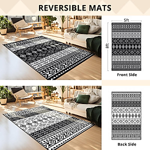 GOTGELIF Outdoor Rug 5X8FT Boho Style, Reversible & Water-Resistance & Portable Plastic Straw Rug for RV Trips, Picnic, Camping, Outdoor, Garden, Patio - White and Black Patio Rug