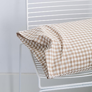 SUSYBAO Tan Gingham Duvet Cover Queen 100% Washed Cotton Beige Plaid Duvet Cover Set 3 Pieces Set 1 Soft Checkered Grid Duvet Cover with Zipper Ties 2 Pillowcases Luxury Farmhouse Gingham Bedding Set