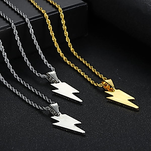 Jewenova Hip Hop Lighting Bolt Necklace, Gold And Silver CZ Iced Out Lighting Pendant, Rope Chain Jewelry For Wen Women Boyfriend Gifts with Box