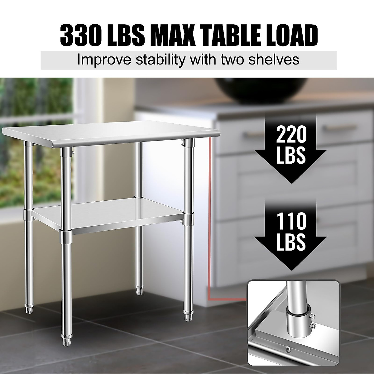 KODOM Food Prep Stainless Steel Table 30" x 24", Heavy Duty Workbench with Adjustable Under Shelf, Commercial Worktable for Kitchen, Restaurant, Home and Hotel