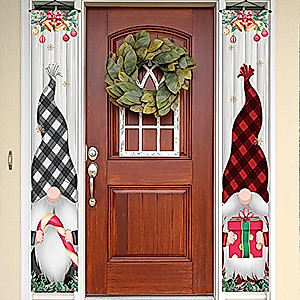 Rainlemon Merry Christmas Gnome Porch Banner Swedish Tomte Nordic Buffalo Check Plaid Front Door Sign Decoration