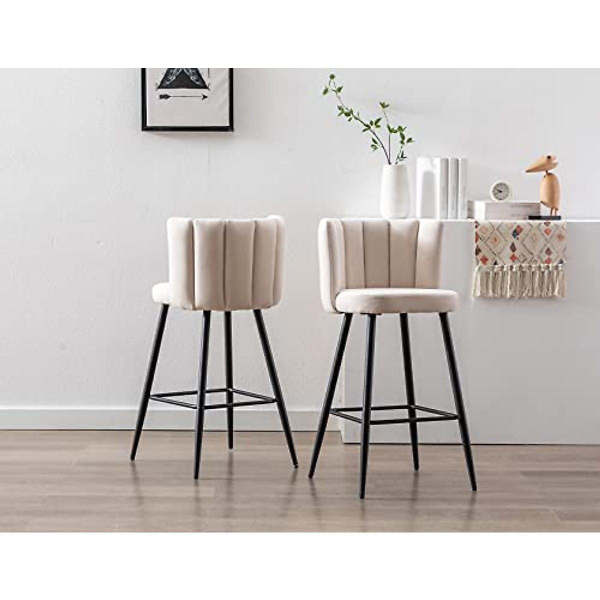 Kmax 30 Inch Bar Stools Set of 2 Modern Fabric Bar Stools with Black Footrest Petals Seat for Kitchen Island&Bar, Beige