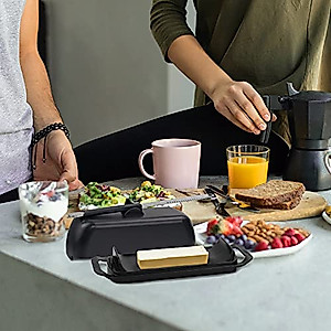 Butter Dish with Lid and Stainless Steel Knife, Light Butter Keeper, TBSP Cutting Measuring Lines Dishes, Easy Scoop, No Mess Lids, Perfect for East West Coast Butter (Black)