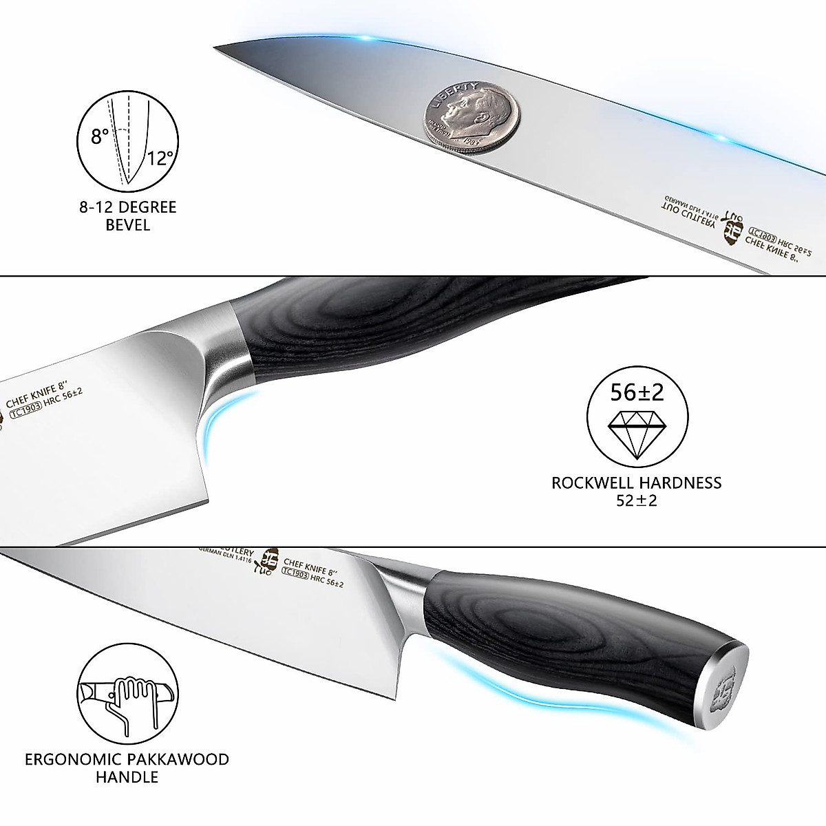 TUO 8 Pcs Chef Knife Set - Professional Knife Block Set Sharpener Steel, German Stainless Steel Ergonomic Pakkawood Handle with Gift Box, Fiery Phoenix Series - Black