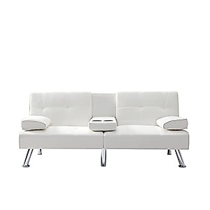 Verfur Convertible Sleeper, White w/ 2 Cupholders and Removable Pillow Top Armrest