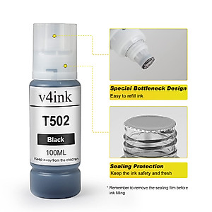 v4ink Compatible T502 Refill Ink Bottle Replacement for 502 T502 to use with Expression Ecotank ET-2700 ET-2760 ET-3710 ET-4750 ET-7700 ET-15000 ST-2000 ET-M1180 ET-M2120 L3060 L3156-4 Packs