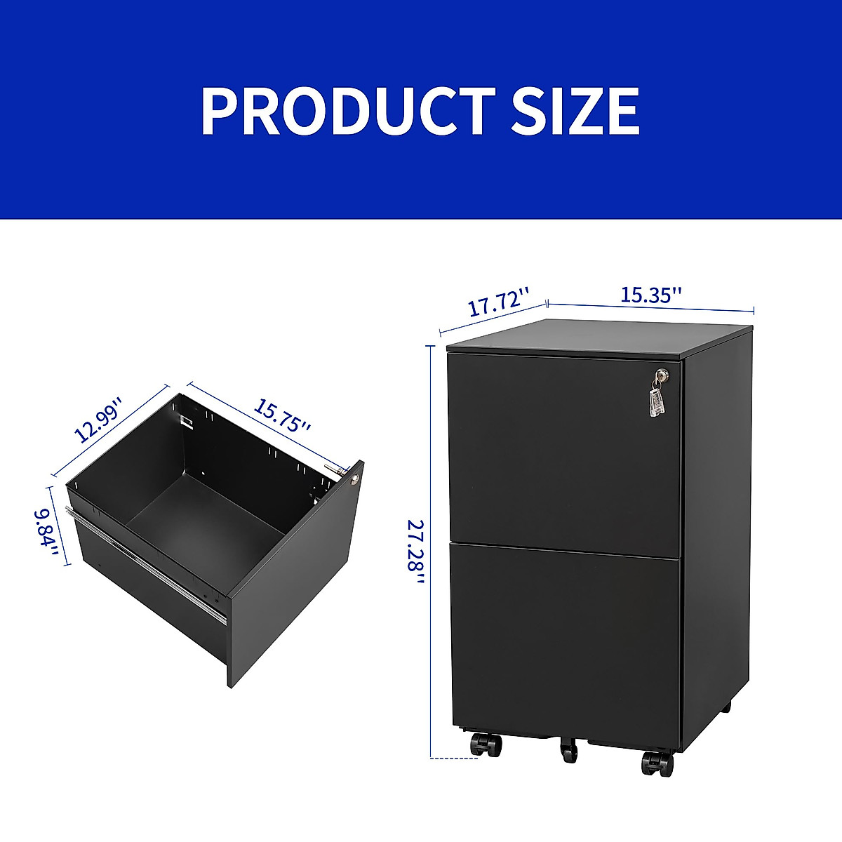 LVSTEEL Modern Black Rolling File Cabinet, Fully Assembled, 27.2"H x 15.3"W x 17.72"D, 2 Drawers, Lockable, Wheeled, Rust Resistant, Home Office