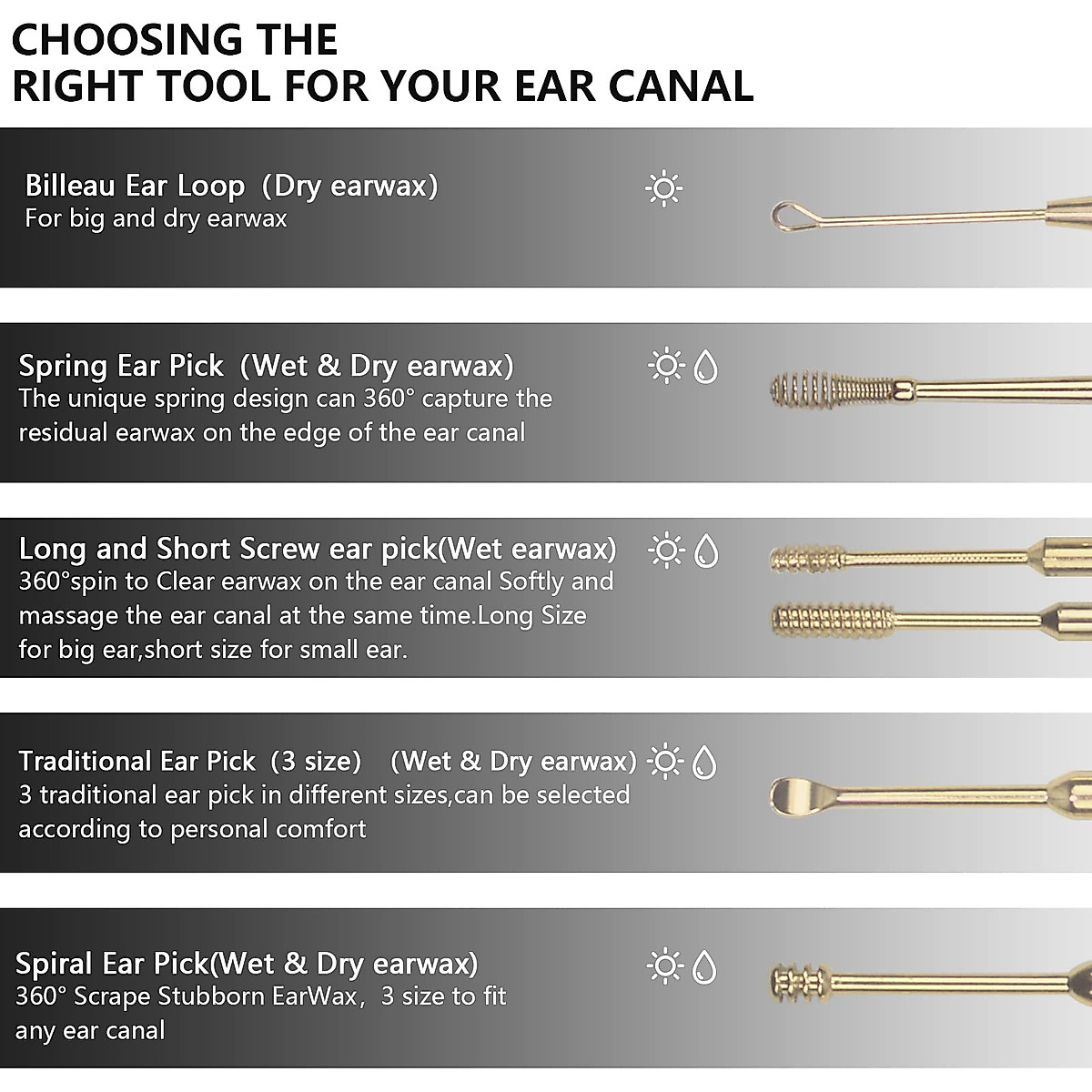 Hion 6 Pcs Extended Ear Wax Removal Kit,Professional Double-Headed Ear Pick Earwax Removal Tools,316L Stainless Steel Ear Cleaner Curette with Cleaning Brush and Storage Box,Suit for Kid Adult(Gold)