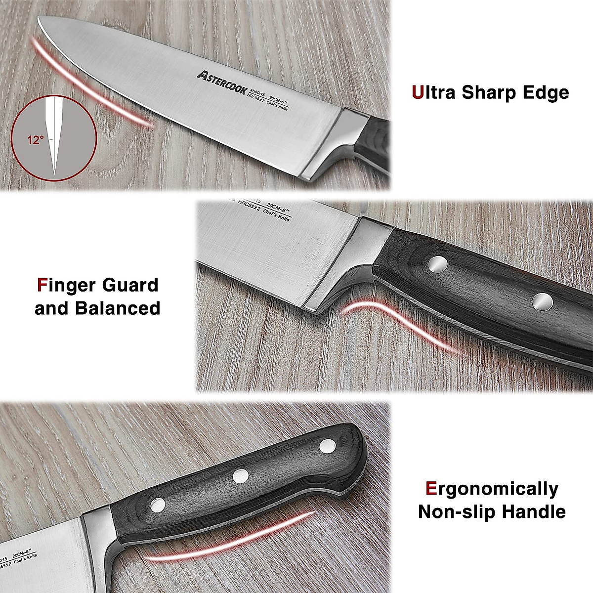 Knife Set, 15 Pcs Kitchen Knife Set With Block, Astercook German Stainless Steel With Scissors, Knife Sharpener and 6 Serrated Steak Knives