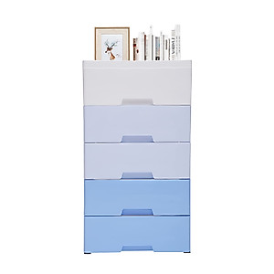 WOQLIBE Plastic Storage Dressers Drawers,Stackable Vertical Clothes Storage Tower with Wheel Lockable,Lockable Storage Cabinet with Open Storage Shelves for Home Office(Gradient Blue)