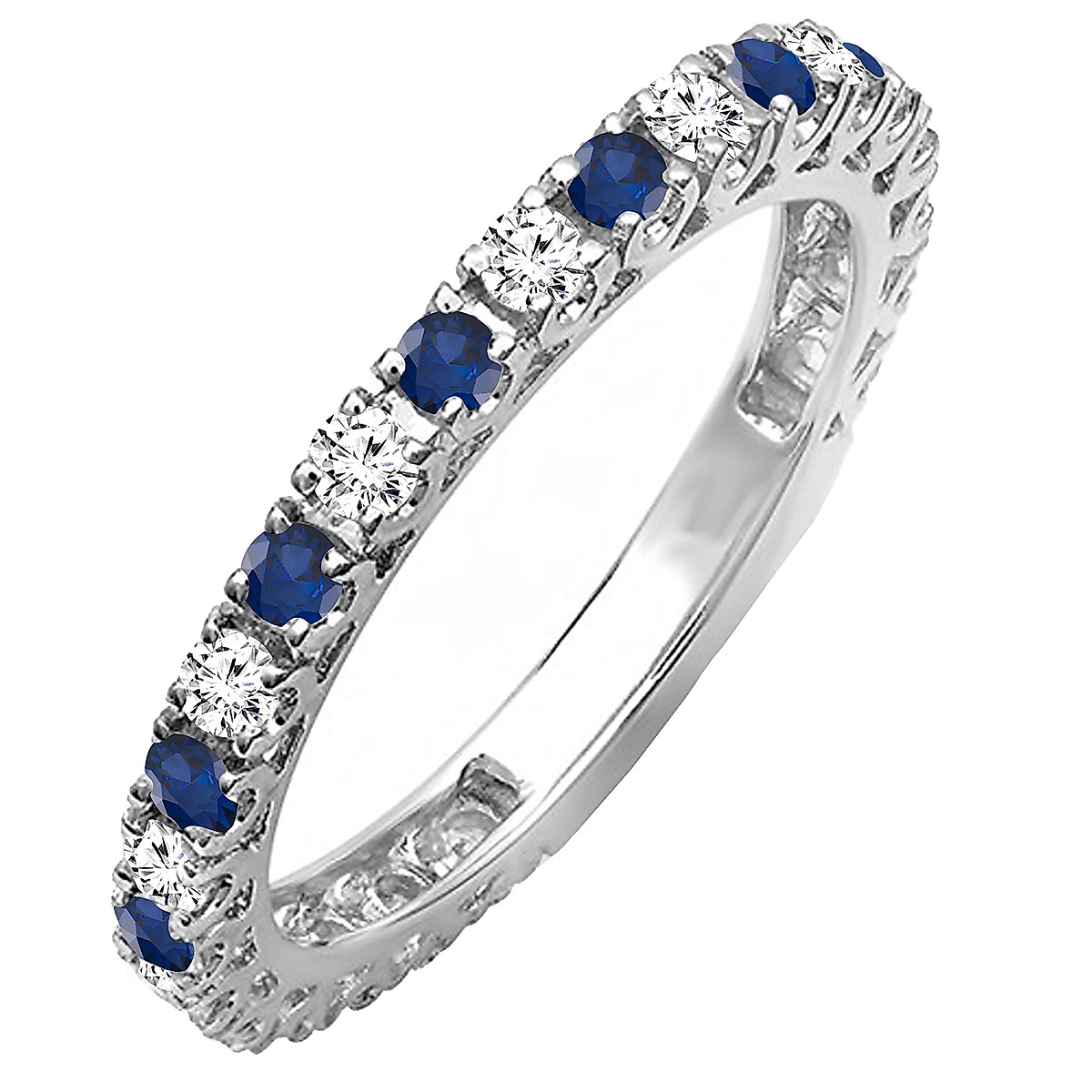 Dazzlingrock Collection 10K Blue Sapphire And White Diamond Eternity Sizeable Stackable Ring Wedding Band, White Gold, Size 7