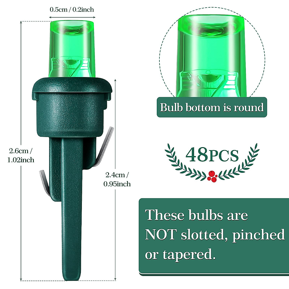 Honoson 48 Count 5 mm LED Christmas Replacement Bulbs Bulk Wide Angle Christmas Light Bulb Xmas Tree String Light Replacement Bulb Festival Light Decoration (Green Base with Multicolor Bulb)