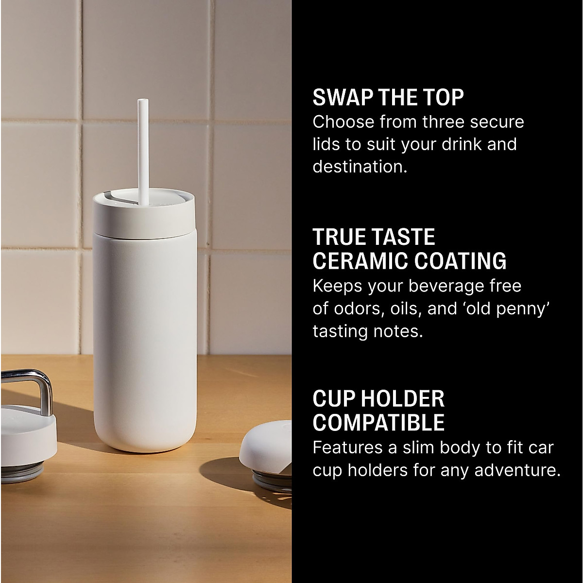 Fellow 16 oz Carter Bundle (3 in 1) Travel Mug with Carry Handle, Move & Cold Lids with Straw - To-Go Coffee Tumbler, Ceramic Interior & Vacuum-Insulated Stainless Steel - Coffee Cups-Matte White