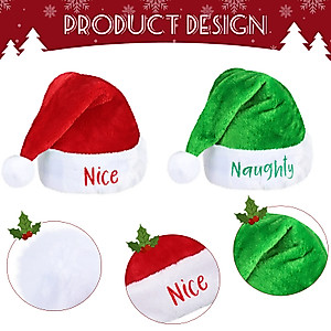 2 Pieces Naughty and Nice Plush Christmas Santa Hats Buffalo Plaid Holiday Hat for Christmas Party Supplies (Red, Green, Adult Size)