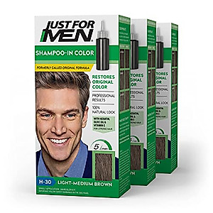 Just For Men Shampoo-In Color (Formerly Original Formula), Mens Hair Color with Keratin and Vitamin E for Stronger Hair - Light-Medium Brown, H-30, Pack of 3
