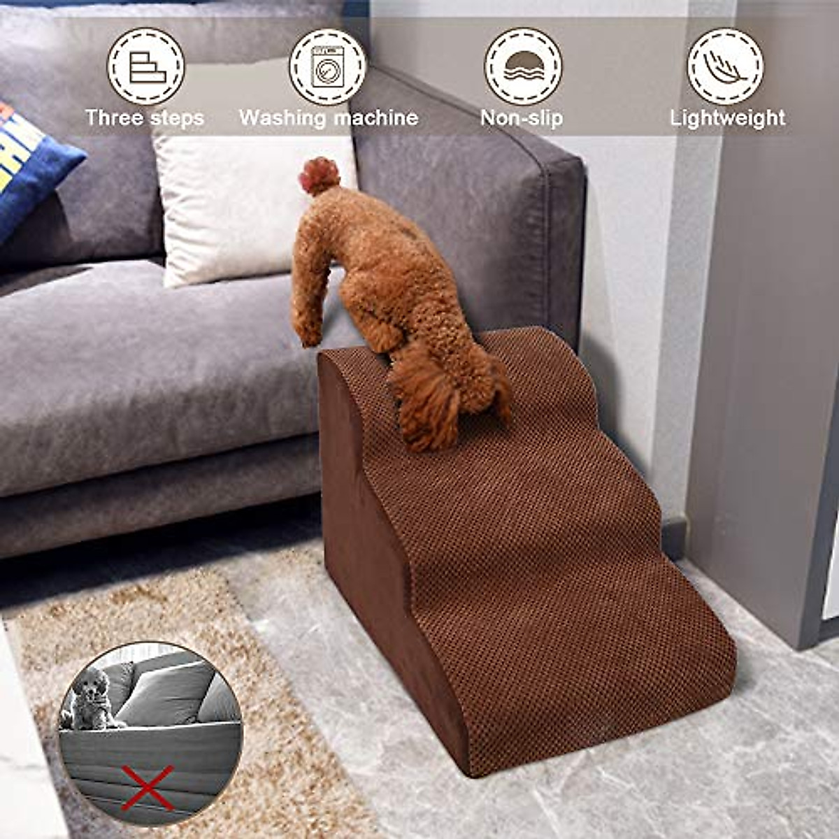 Topmart 3 Tiers Foam Dog Ramps/Steps,Non-Slip Dog Steps,Extra Wide Deep Dog Stairs,High Density Foam Pet Stairs/Ladder,Best for Older Dogs,Cats,Small Pets,with 1 Pet Hair Remover Roller,Color Brown