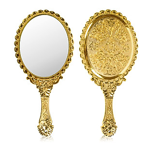 YUSONG Handheld Mirror with Handle, Makeup Compact Hand Mirrors for Women Travel Small Vintage Purse Mirrors, Hand Held Compact Packet Mini Face Makeup for Girls Decorative (Gold)