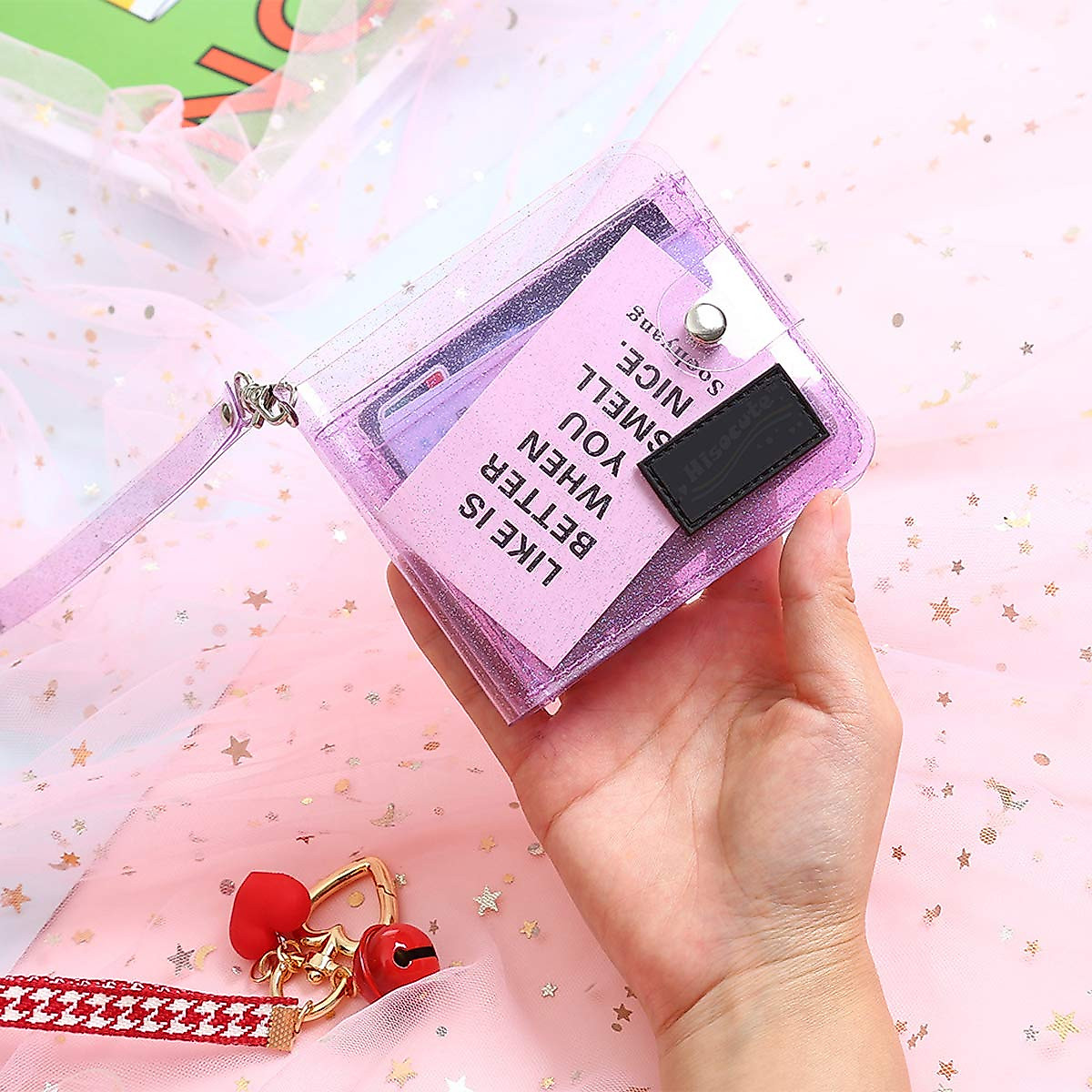 Women Girls Jelly Bifold Wallet Purse Coin Pouch Clear ID Card Holder Case with Detachable Neck Lanyard Strap for Photocards