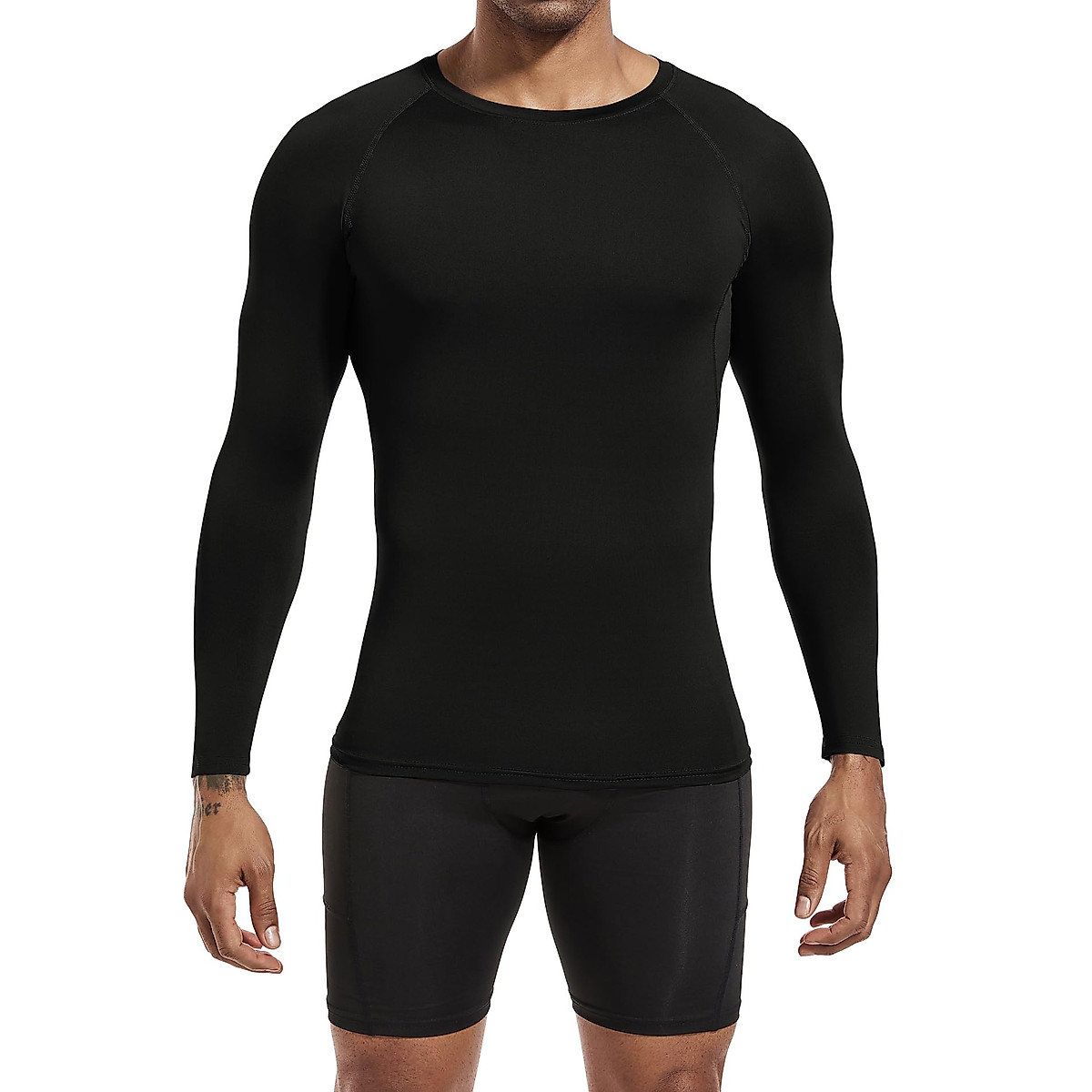 Men's (Pack of 3) Cool Dry Compression Long Sleeve Sports Baselayer T-Shirts Tops Black/White/Camo Black-L