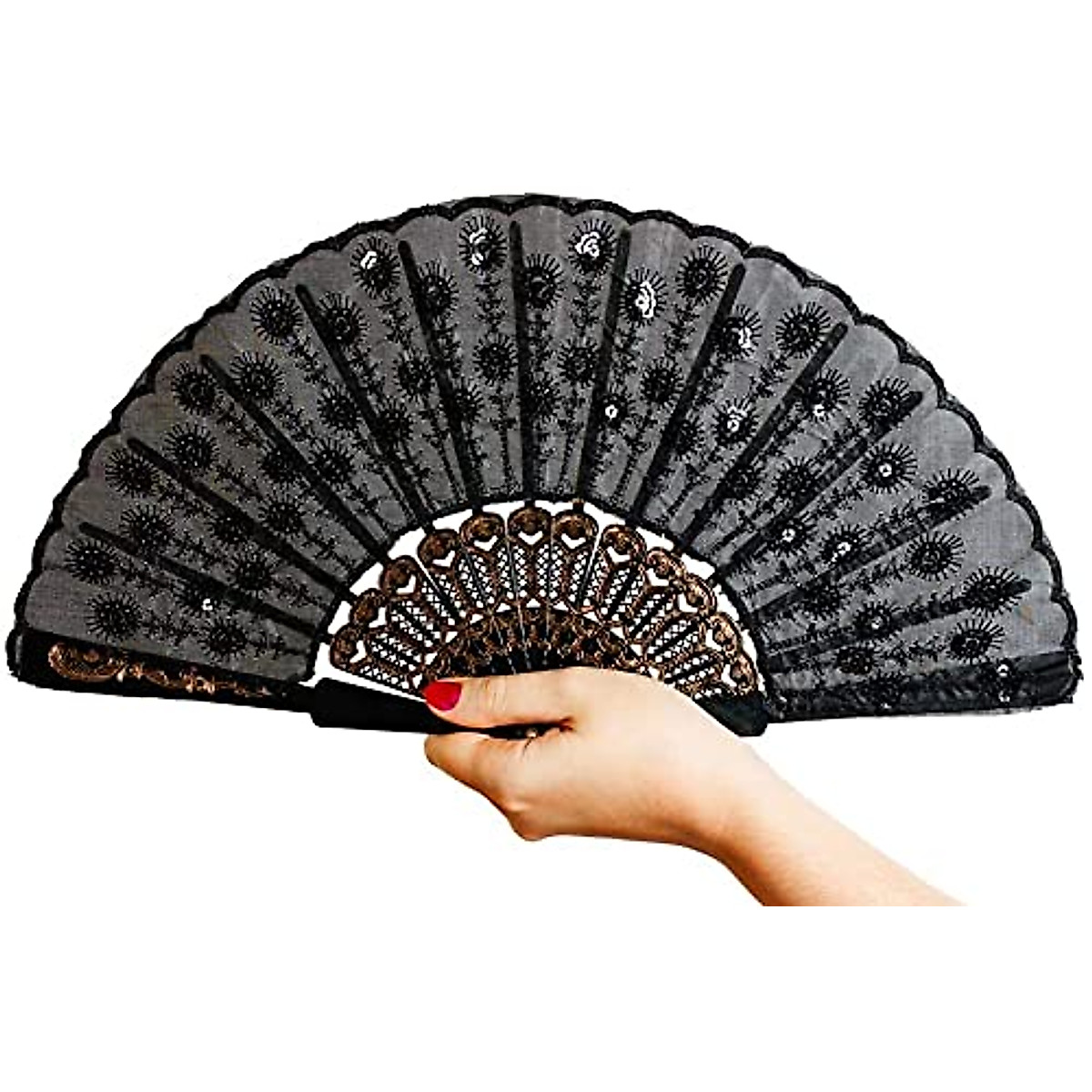 Hithop Hand Fan (Black) - Elegant Fabric Folding Hand Fan - Snaps Open, Easy to Handle. Cools effortlessly. Perfect Ballet and Dance Fan.