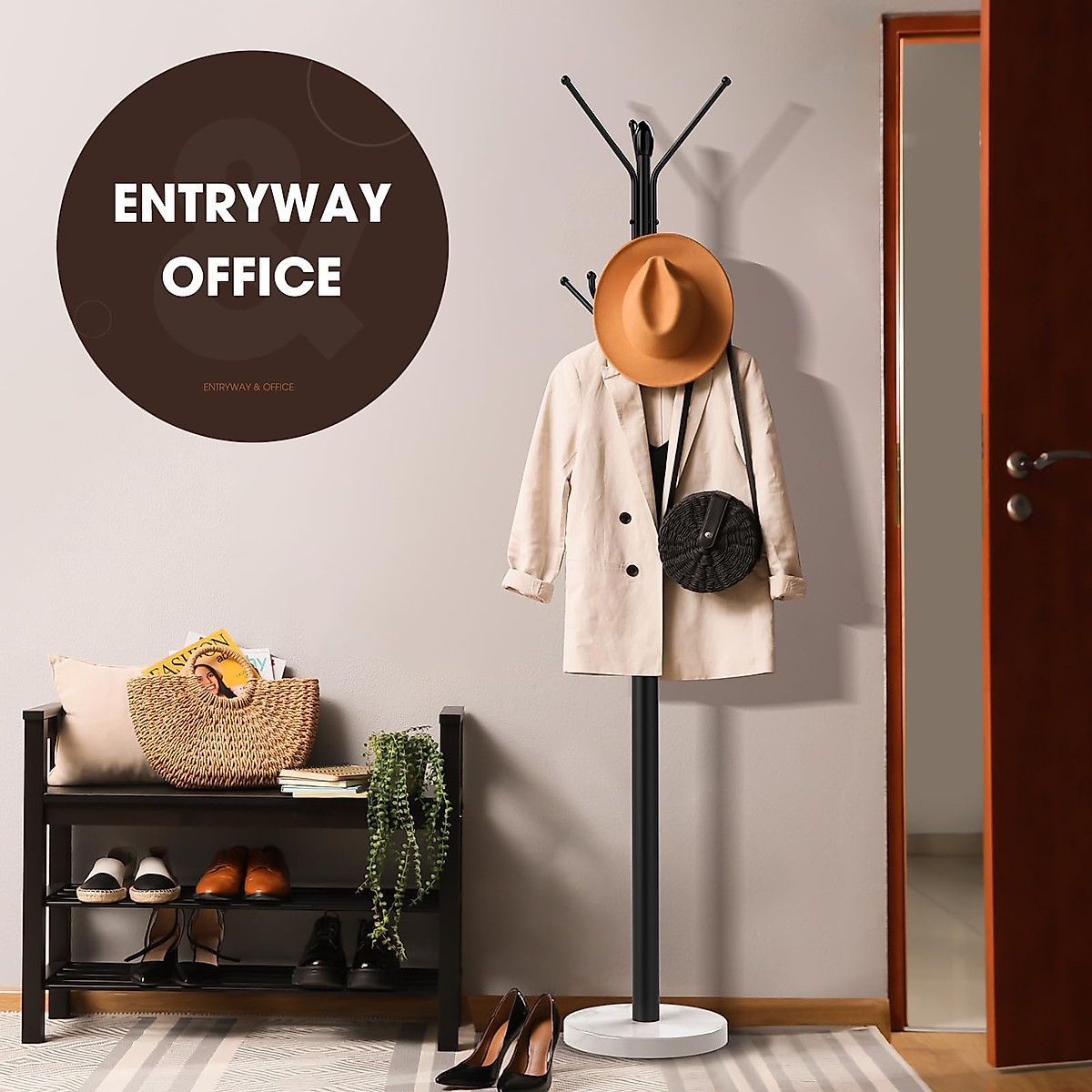 Ulimart Coat Racks Free Standing,Metal Sturdy Coat Rack with 12 Storages,Coat Tree with Natural Marble Base,For Hanging Coat Bags Hats Umbrella,For Entryway Bedroom Office