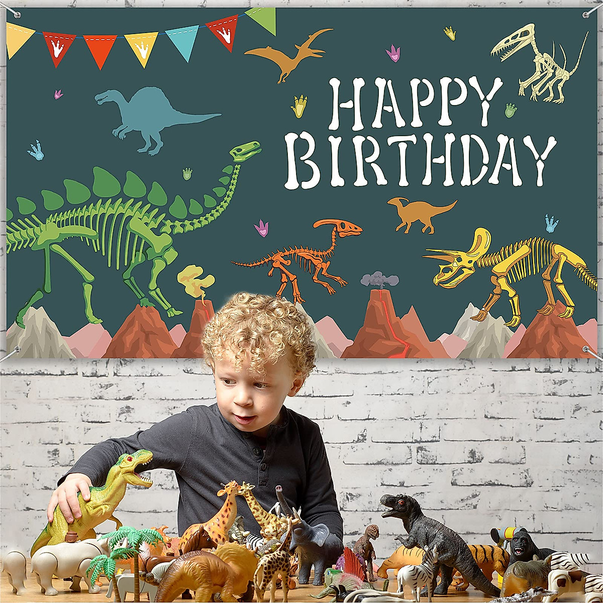 Dinosaur Birthday Backdrop Large Dinosaur Happy Birthday Photography Background Dinosaur Banner for Boys Baby Shower Dinosaur Theme Birthday Party Decoration Supplies, 72.8 x 43.3 Inch