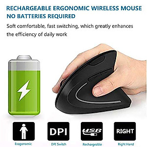 Acedada Ergonomic Mouse, Vertical Wireless Mouse, Rechargeable Optical Ergo Mice, 800/1200 /1600 DPI, 5 Buttons for Laptop, Desktop, PC, MacBook - Black