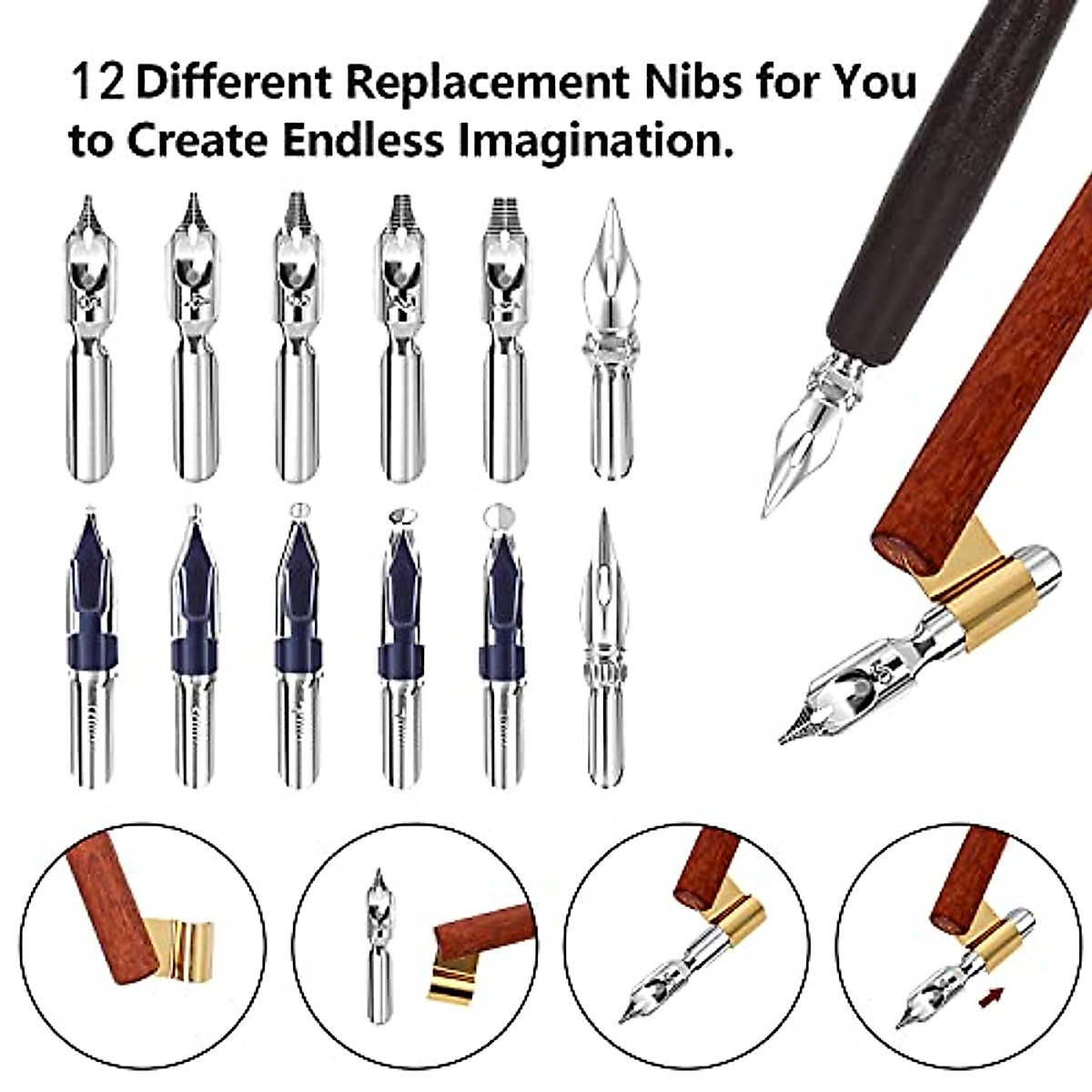 LongLongJin Calligraphy Set for Beginners-calligraphy Fountain Pen,2 Wooden Dip Pen, 12 Replaceable Stainless Steel Tips, 4 Bottles of of Ink,1pen Holder