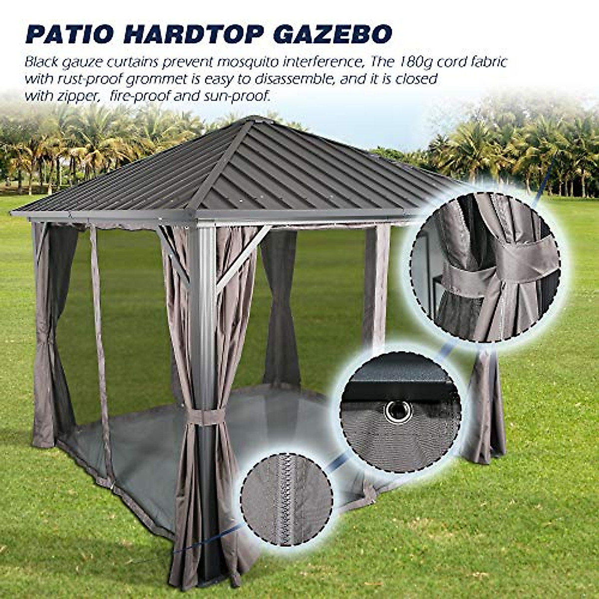 Peak Home Furnishings 10Ft x 10Ft Patio Hardtop Gazebo Outdoor Aluminum Pergola with Galvanized Steel Roof Canopy, Polyester Curtain and Mosquito Net