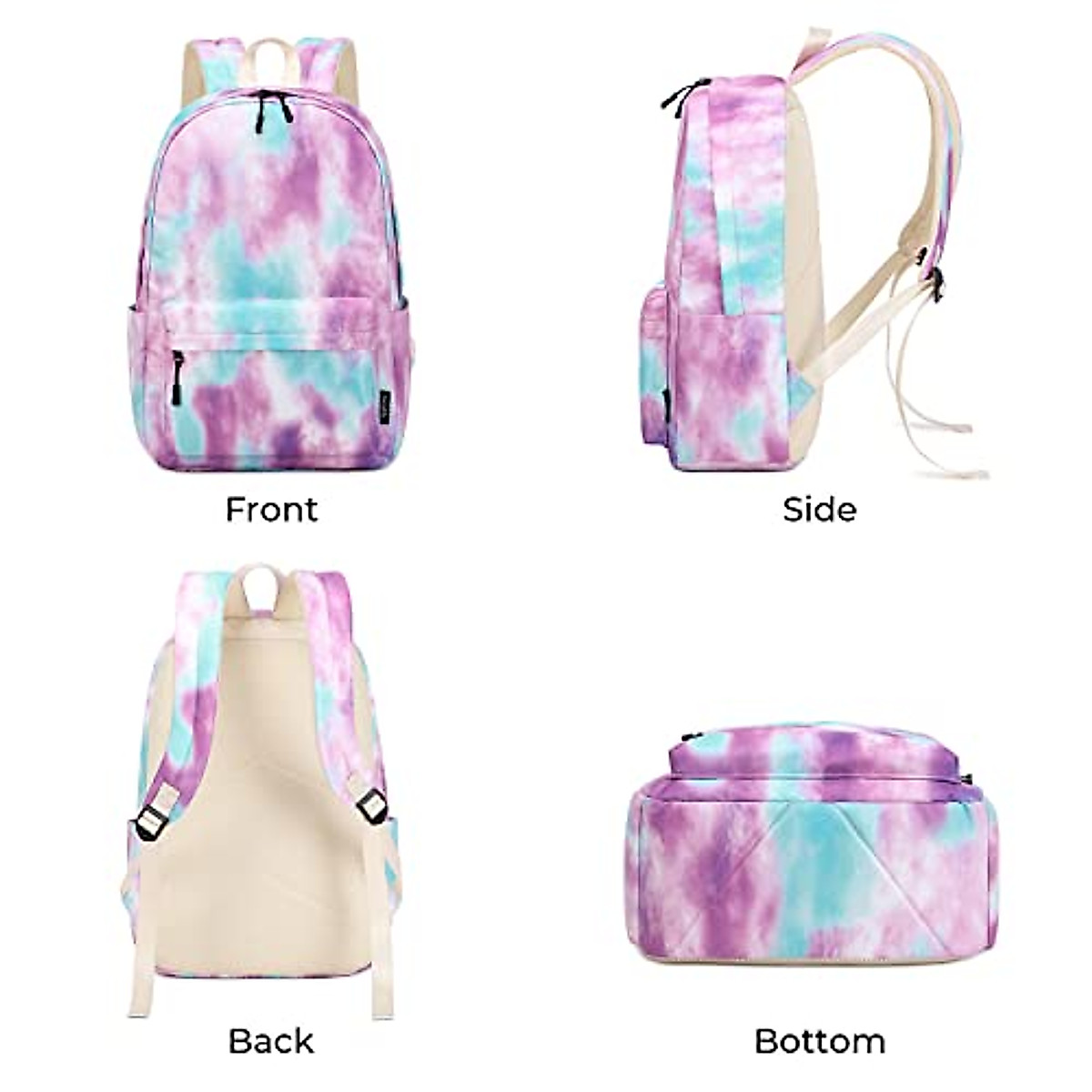 Imyth 3Pcs colorful Backpack sets for Teen Girls, Cute Bookbag School Daypacks for Elementary Middle Students (Tie dye-Purple)