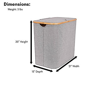 BIRDROCK HOME Bamboo & Canvas Hamper - Single Laundry Basket with Lid - Modern Foldable Hamper - Cut Out Handles - Grey Narrow Design - Great for Kids Adults