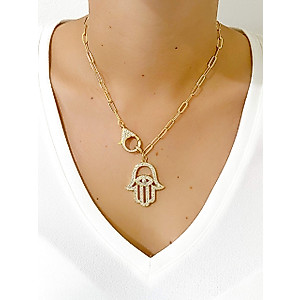 LESLIE BOULES Stunning Gold Hamsa Hand Necklace for Women 18K Gold Plated Chain Fashion Jewelry