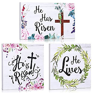 3 Pieces Easter Christian Table Decorations Signs He Is Risen Decor Wooden Inspirational Tiered Tray Block Signs Easter Spring Table Centerpieces He Lives Tabletop Decor for Holidays Home