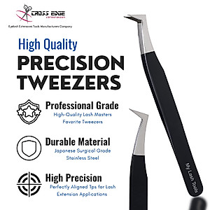 My Lash Tools Fiber Tip Lash Tweezers for Eyelash Extensions Pro Tweezer for Volume Lashes Japanese Stainless Steel Mink Lashes Fan Making Mega Volume Boot Angled Lashing Tweezers (Black)